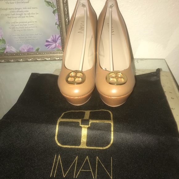 IMAN | Shoes | Iman Camel Stiletto Gold Logo Platform Wedge Heels ...